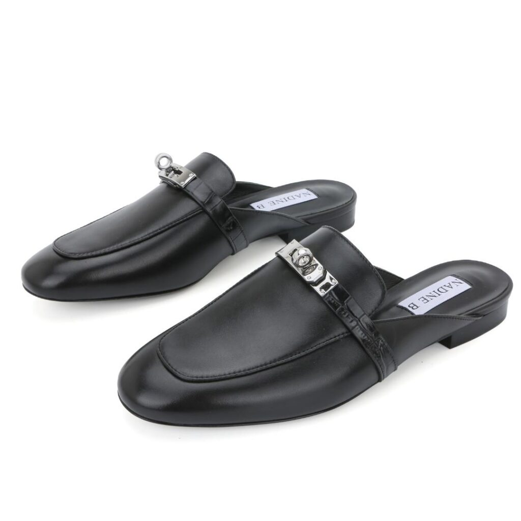 Black Leather H Toggle Lock Closed Toe Slide Flat - NadineBShoes