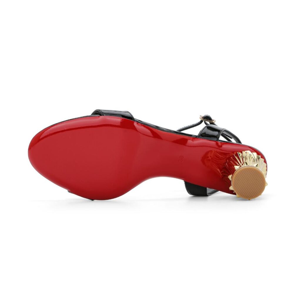Black Patent Leather Red Bottom Sandals Gold Heel Buckle - NadineBShoes