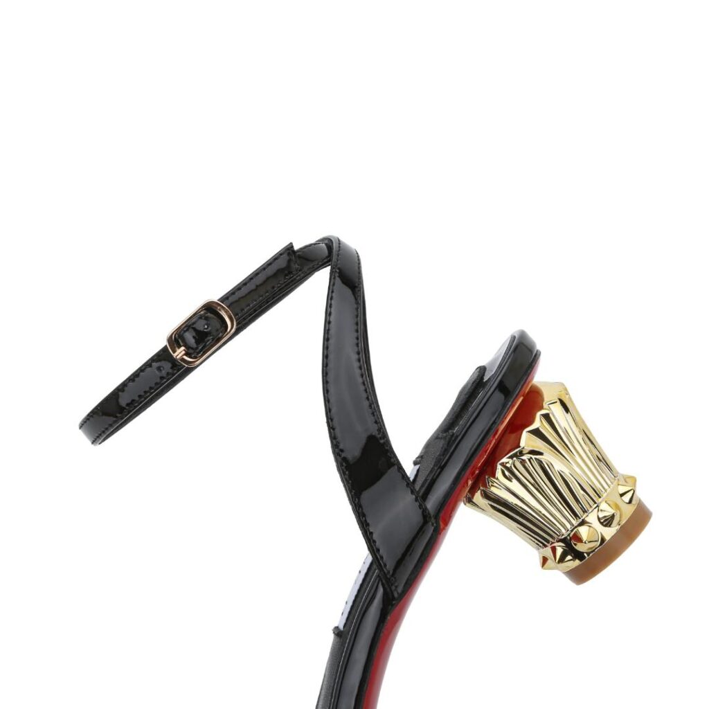 Black Patent Leather Red Bottom Sandals Gold Heel Buckle - NadineBShoes